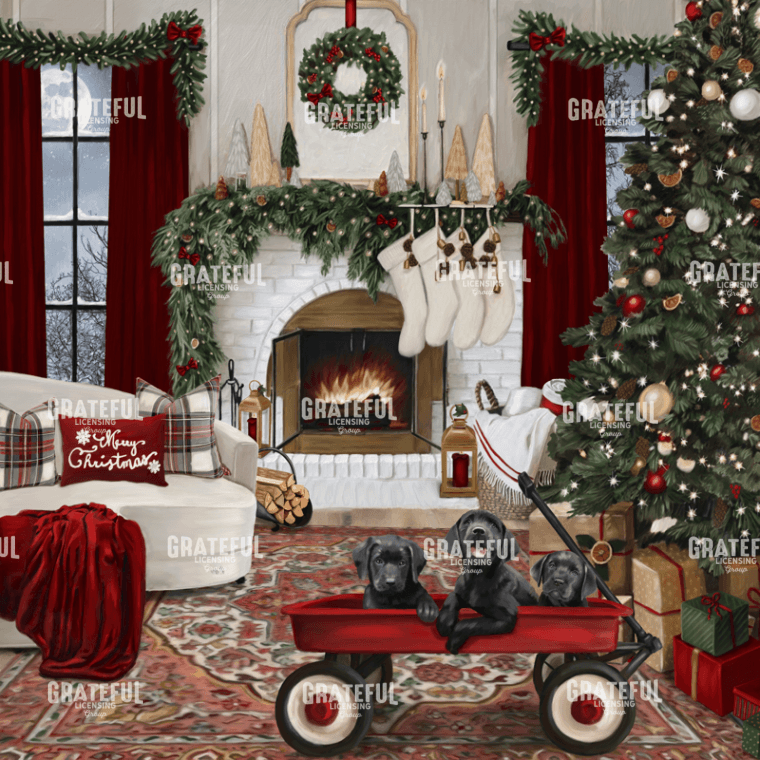 Christmas Room with Puppies! - Grateful Art Licensing