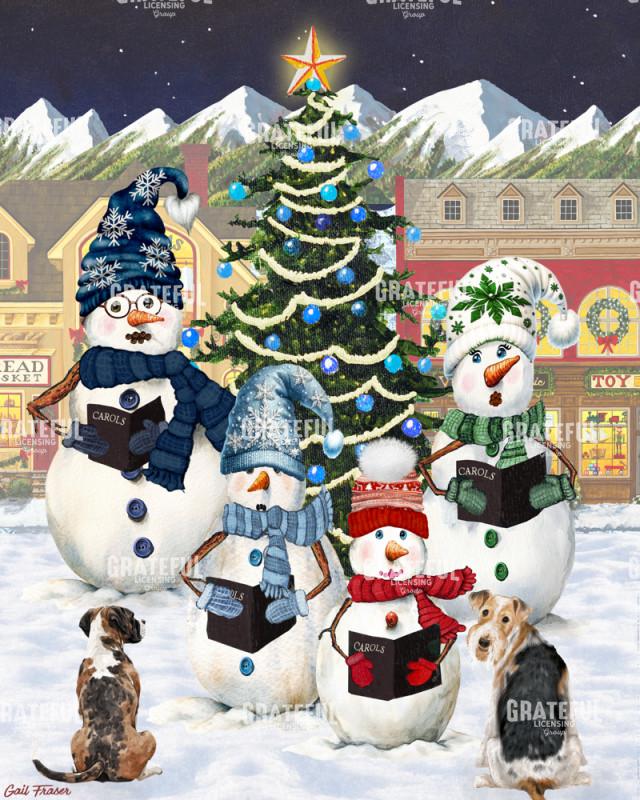 Caroling Snowmen Family Singing - Grateful Art Licensing